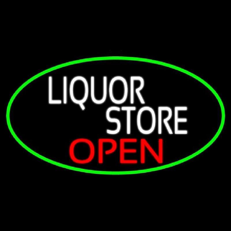 Liquor Store Open Oval With Green Border Handmade Art Neon Sign